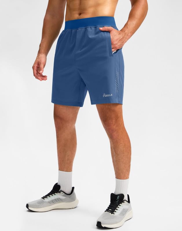 Pudolla Men's Workout Running Shorts with 3 Zipper Pockets Lightweight 7" Gym Shorts for Men Athletic Walking Hiking(Dusty Blue Medium)