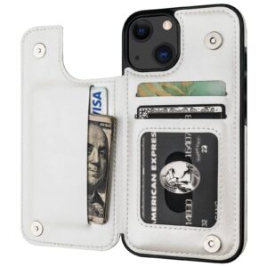 onetop compatible with iphone 13 wallet case with card holder, pu leather kickstand card slots case, double magnetic clasp durable shockproof cover 6.1 inch(white)