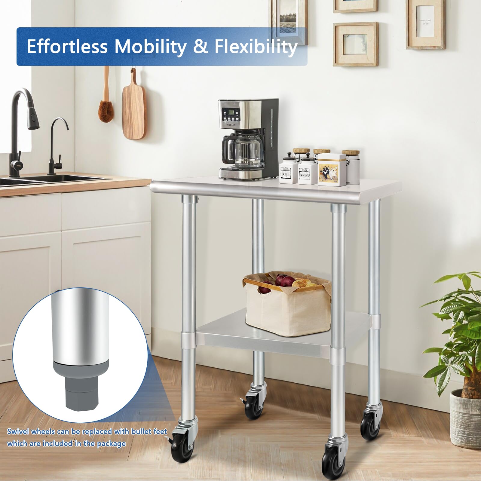 HARDURA Stainless Steel Table with Wheels 24 x 30 Inches Casters NSF Heavy Duty Commercial Work & Prep Table with Undershelf and Galvanized Legs for Restaurant Kitchen Bar and Hotel Garage