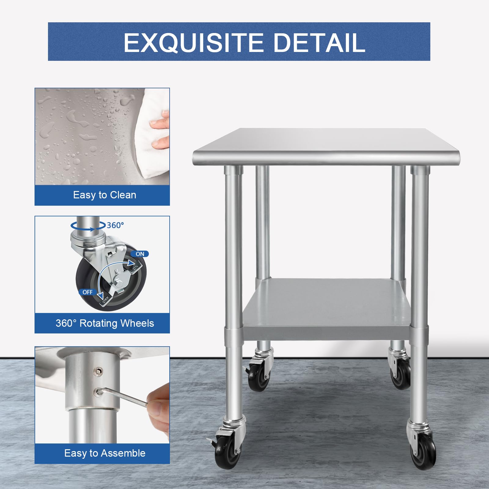 HARDURA Stainless Steel Table with Wheels 24 x 30 Inches Casters NSF Heavy Duty Commercial Work & Prep Table with Undershelf and Galvanized Legs for Restaurant Kitchen Bar and Hotel Garage