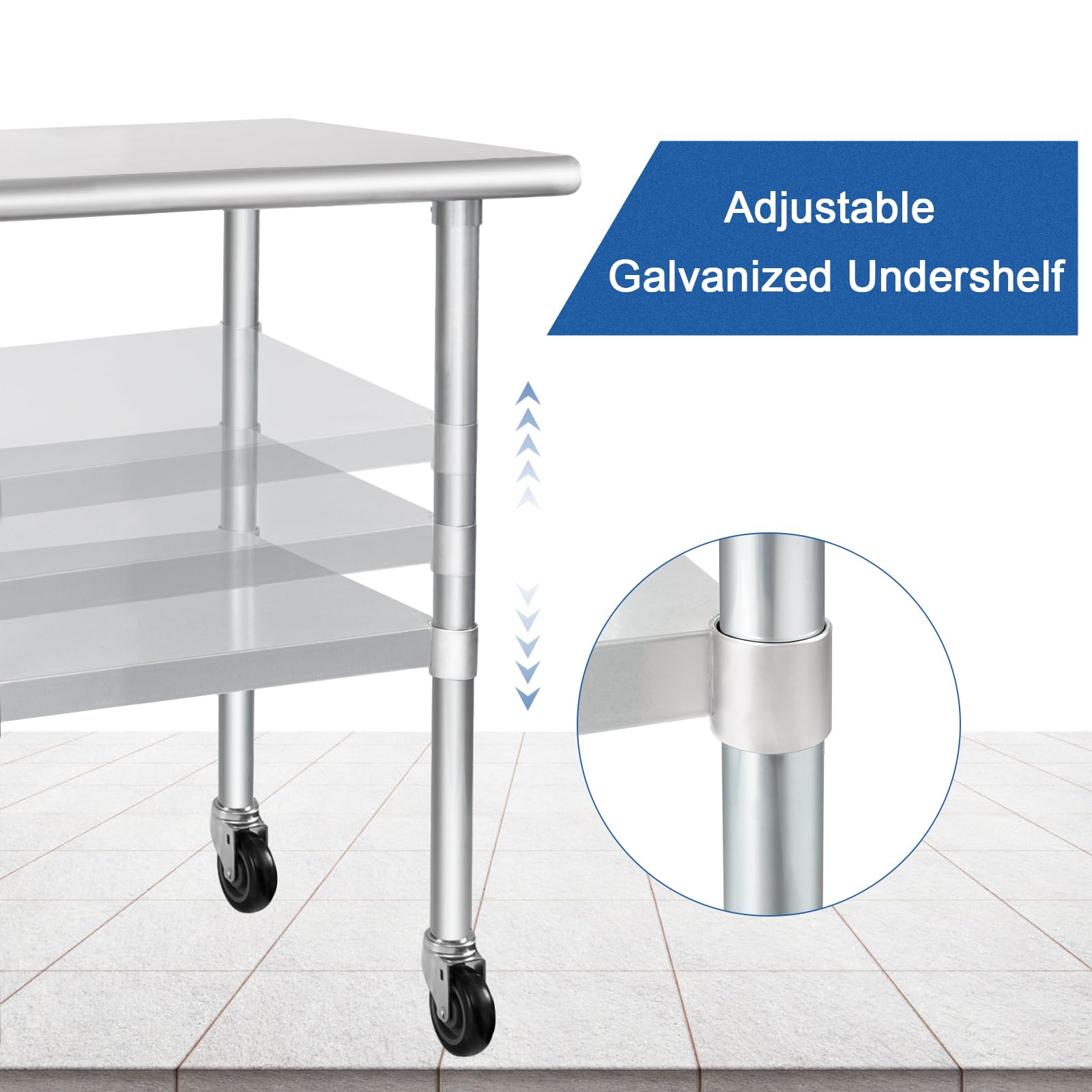 HARDURA Stainless Steel Table with Wheels 24 x 30 Inches Casters NSF Heavy Duty Commercial Work & Prep Table with Undershelf and Galvanized Legs for Restaurant Kitchen Bar and Hotel Garage