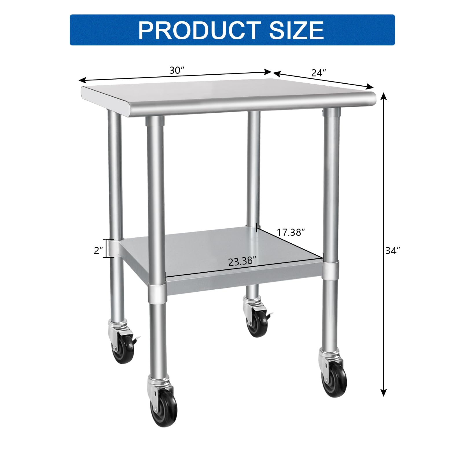 HARDURA Stainless Steel Table with Wheels 24 x 30 Inches Casters NSF Heavy Duty Commercial Work & Prep Table with Undershelf and Galvanized Legs for Restaurant Kitchen Bar and Hotel Garage