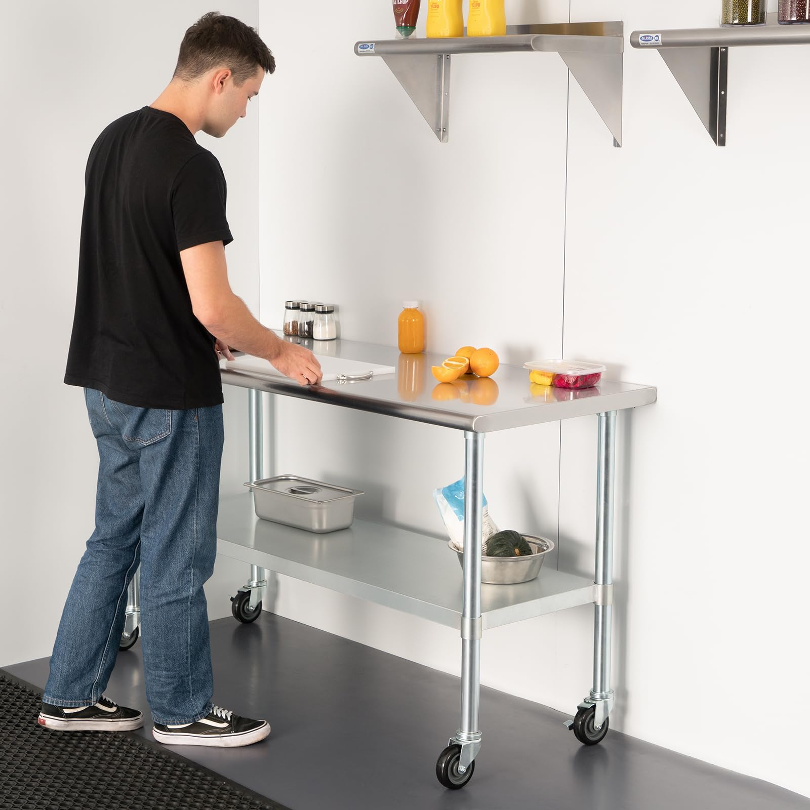 HARDURA Stainless Steel Table with Wheels 24 x 30 Inches Casters NSF Heavy Duty Commercial Work & Prep Table with Undershelf and Galvanized Legs for Restaurant Kitchen Bar and Hotel Garage