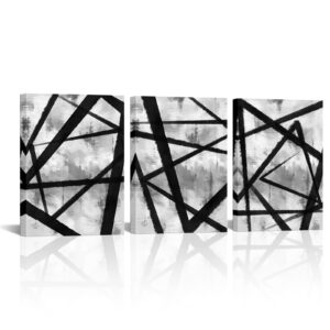 homeoart black and white abstract wall art geometric wall art modern home decor framed artwork for bedroom bathroom living room office decor 12x16inchx3 piece (black)