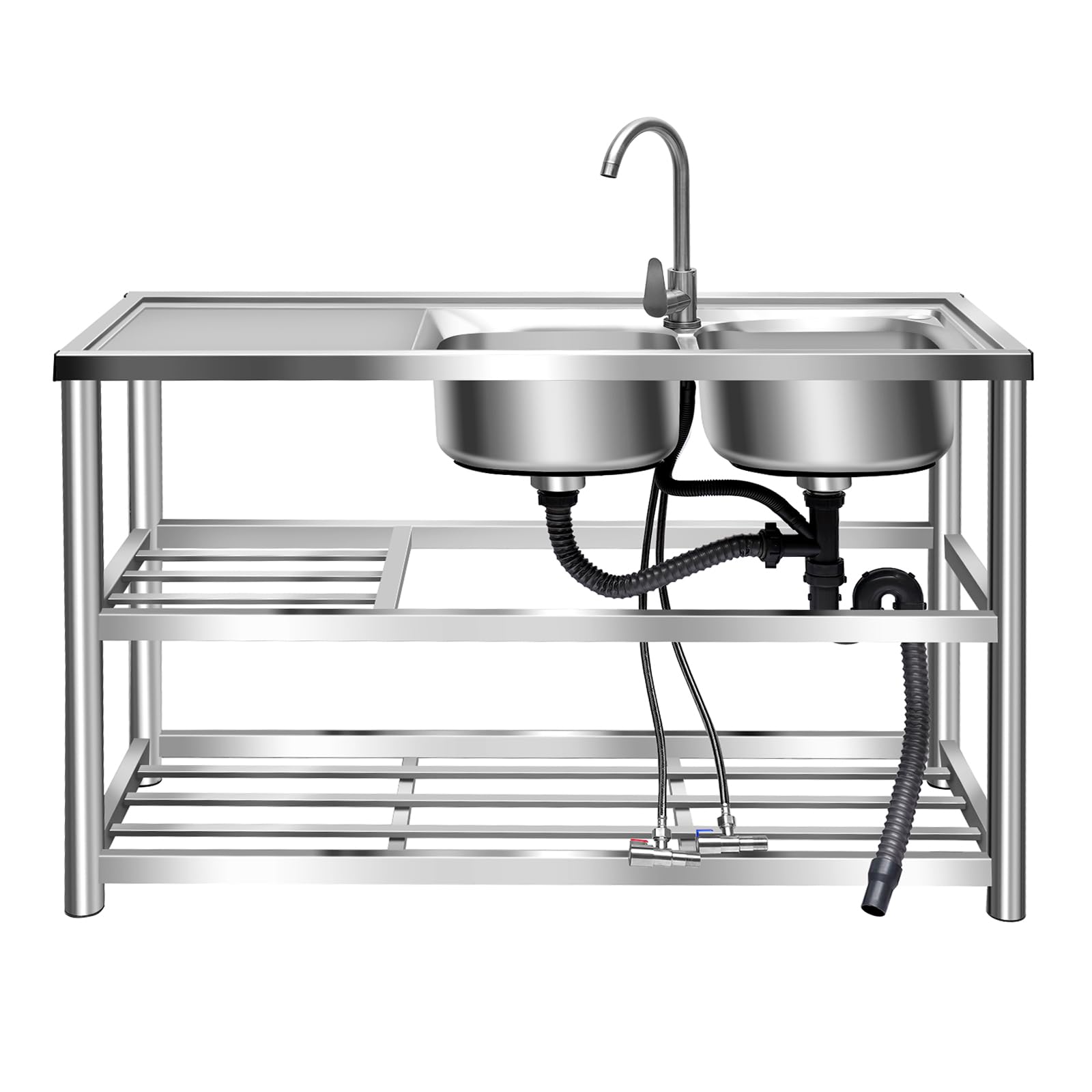 Commercial 304 Stainless Steel Sink 2 Compartment Freestanding Utility Sink w/Faucet & Drain for Restaurant Kitchen Outdoor Indoor Use 47.2X17.5X31.5in