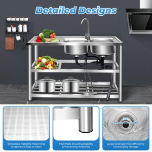 Commercial 304 Stainless Steel Sink 2 Compartment Freestanding Utility Sink w/Faucet & Drain for Restaurant Kitchen Outdoor Indoor Use 47.2X17.5X31.5in