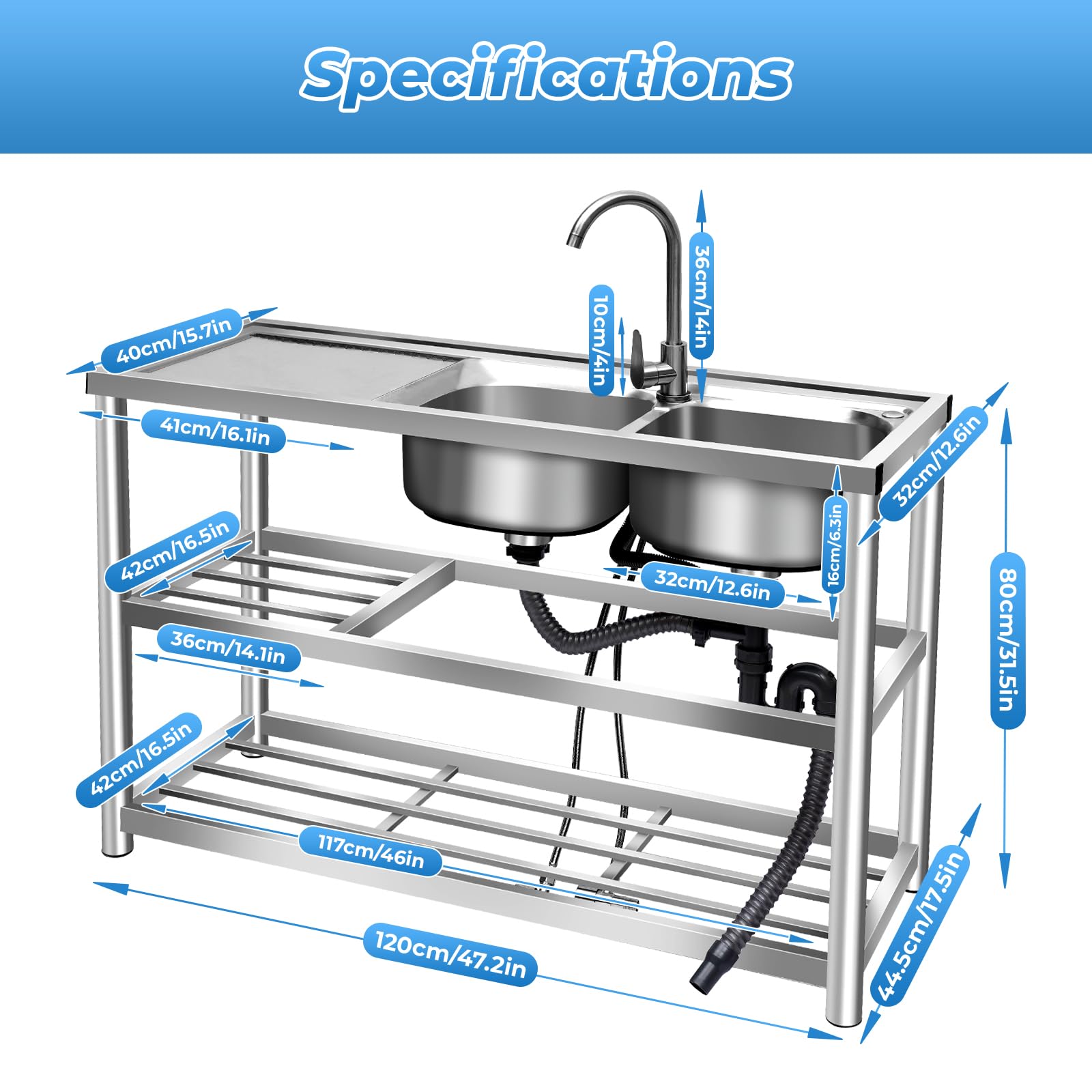 Commercial 304 Stainless Steel Sink 2 Compartment Freestanding Utility Sink w/Faucet & Drain for Restaurant Kitchen Outdoor Indoor Use 47.2X17.5X31.5in