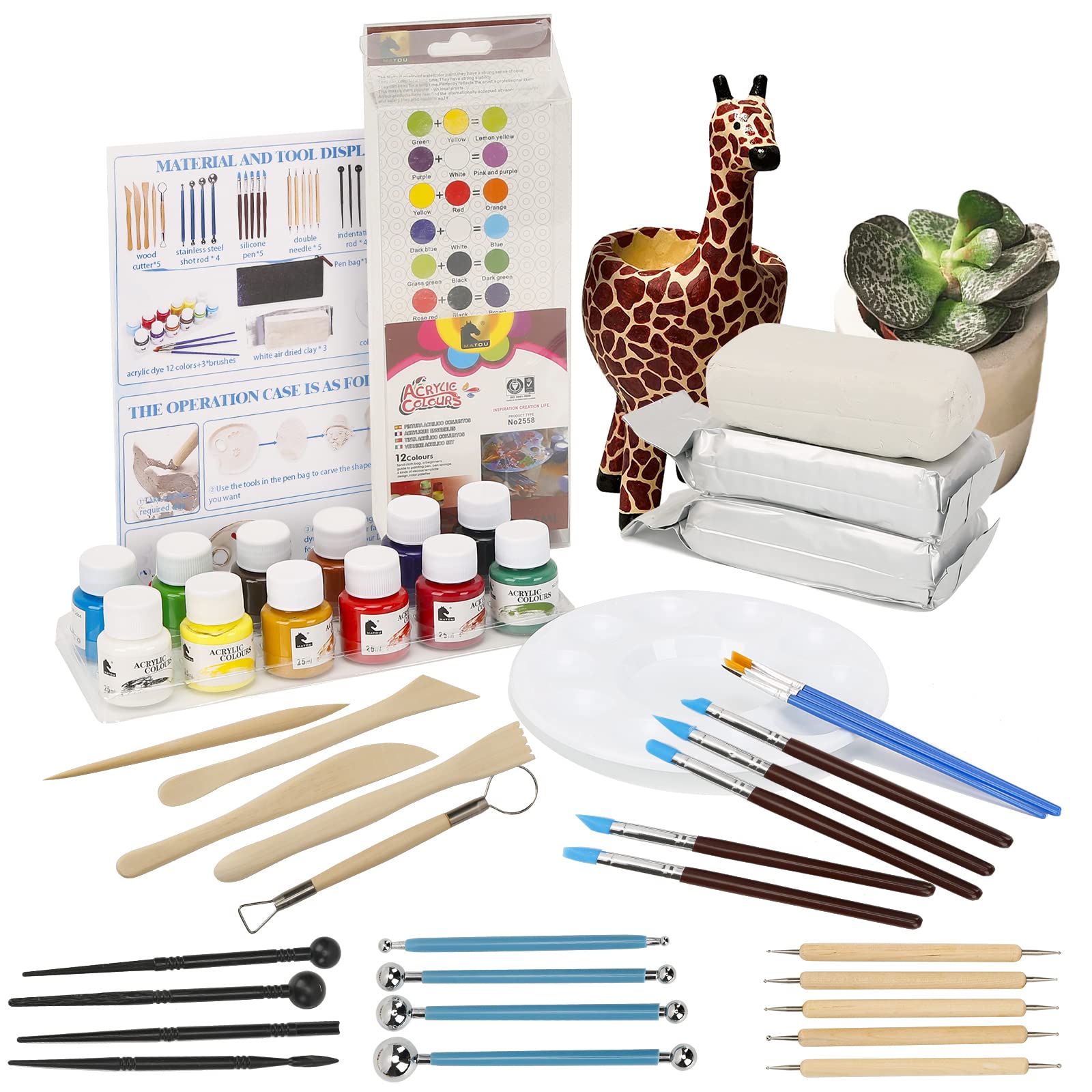 GGsimidale Pottery Kit Air-Dry Clay for Adults-Set Includes: Air-Dry Clay for Adults,Tools,Pigment,Brushes, How-to-Guide,Regular Paint,Pigment Tray