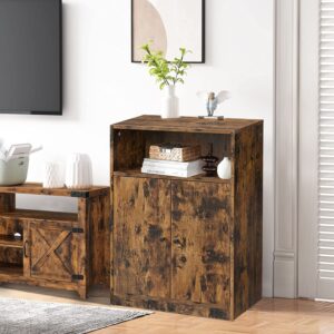 tinkle well industrial storage floor cabinet, wood sideboard with door and 2-tier adjustable shelf, organizer for kitchen, living room, rustic brown