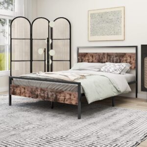 alazyhome modern industrial queen size bed frame metal platform with rustic wooden headboard and footboard, no box spring needed, noise free, easy assembly black