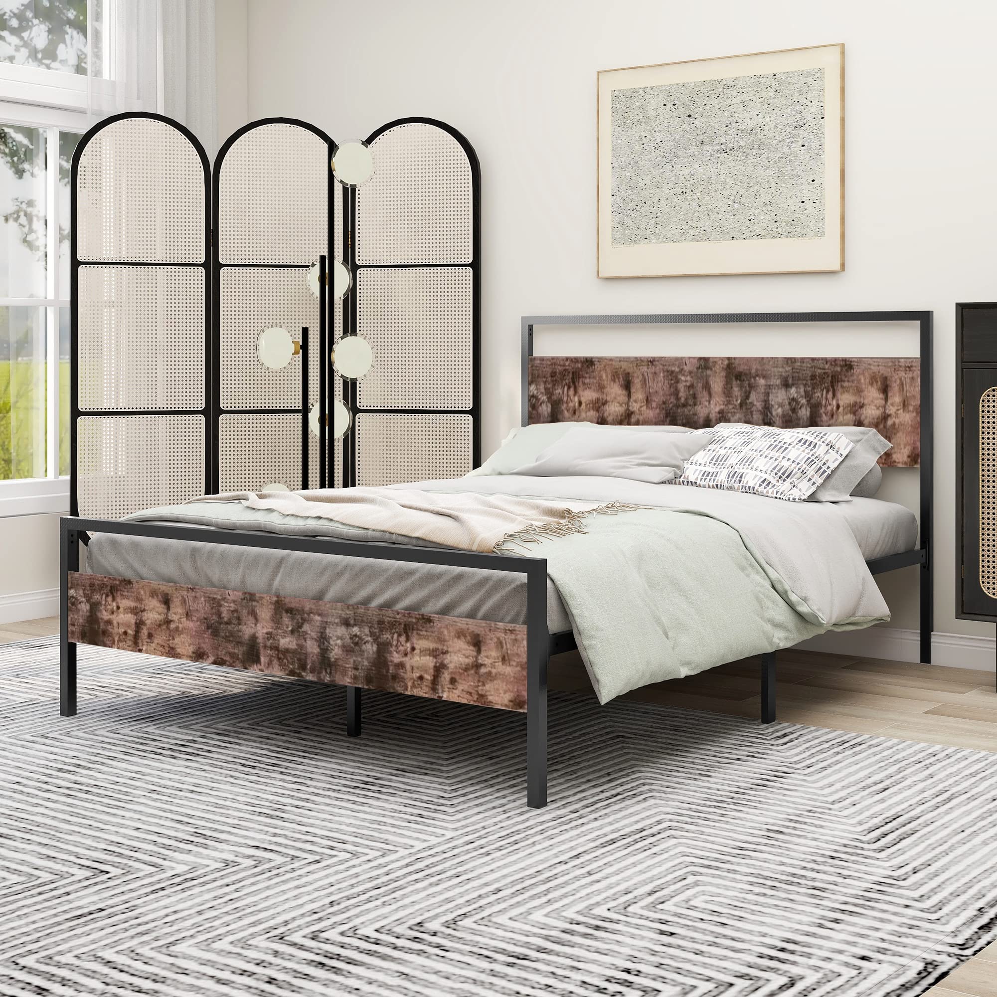 alazyhome Modern Industrial Queen Size Bed Frame Metal Platform with Rustic Wooden Headboard and Footboard, No Box Spring Needed, Noise Free, Easy Assembly Black