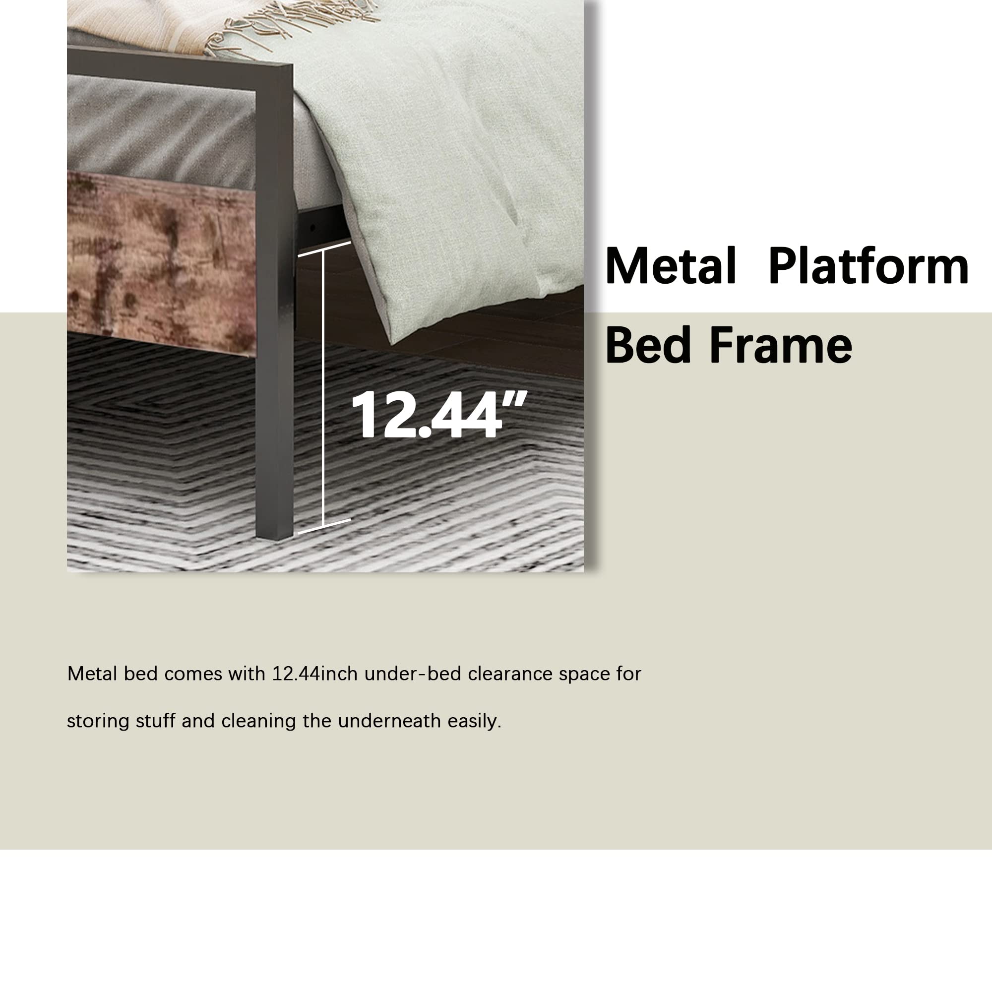 alazyhome Modern Industrial Queen Size Bed Frame Metal Platform with Rustic Wooden Headboard and Footboard, No Box Spring Needed, Noise Free, Easy Assembly Black