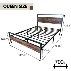 alazyhome Modern Industrial Queen Size Bed Frame Metal Platform with Rustic Wooden Headboard and Footboard, No Box Spring Needed, Noise Free, Easy Assembly Black