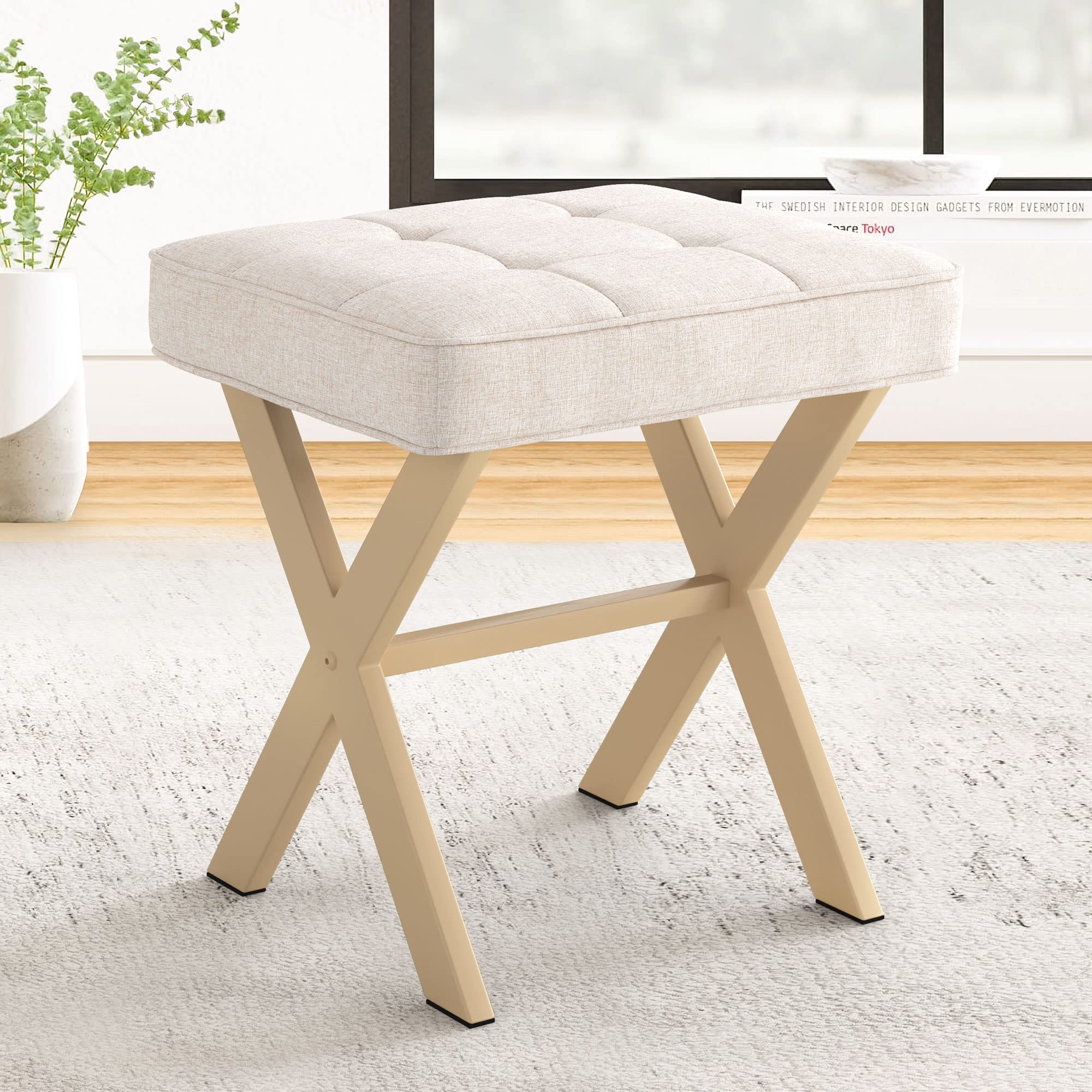 LUE BONA Vanity Stool, Square Linen Makeup Stool with Metal X Legs, Small Ottoman Stool Chair for Vanity, Modern Padded Vanity Seat Foot Rest Stool for Makeup Room, Bathroom, Linen Color