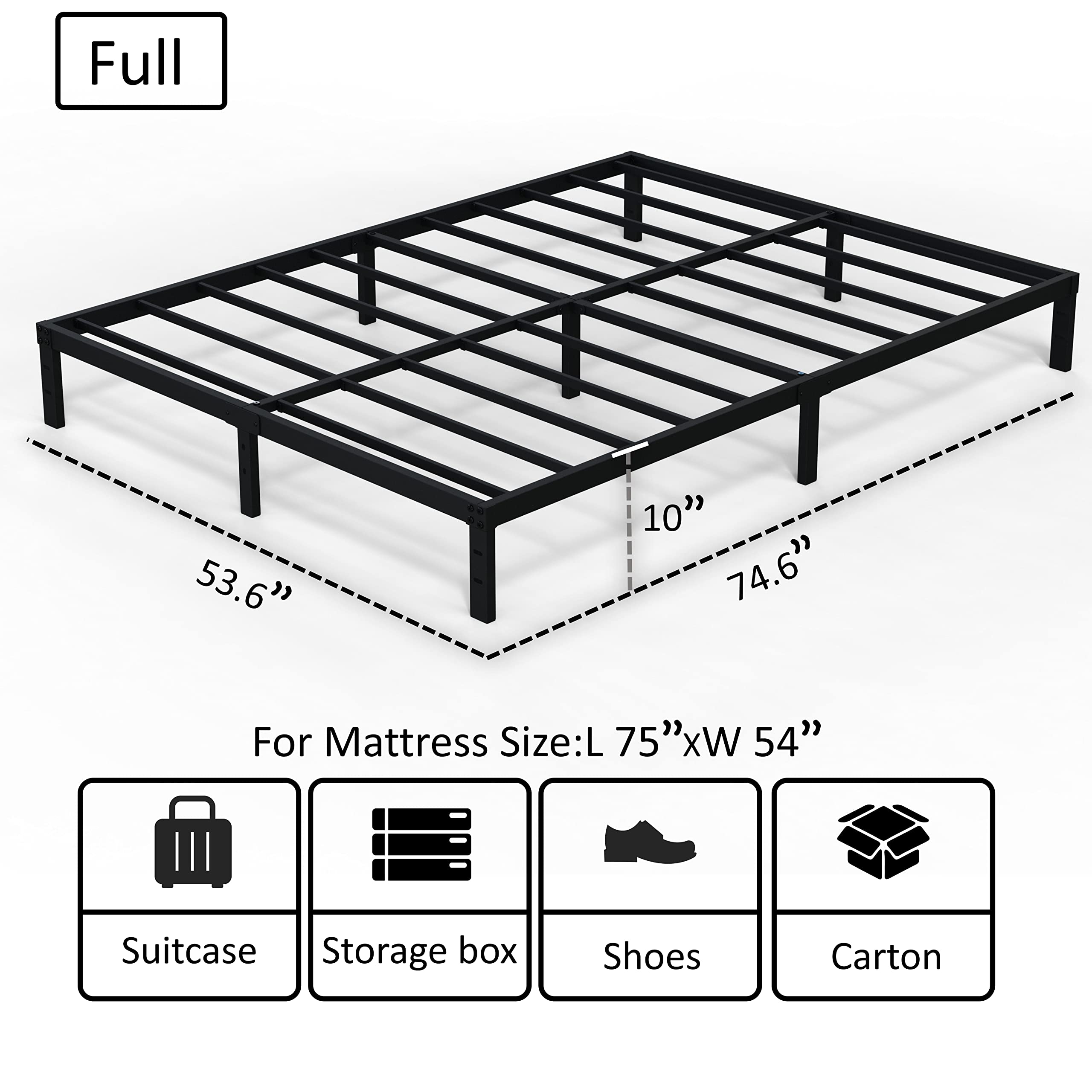 EMODA 10 Inch Full Size Bed Frame Heavy Duty Metal Platform No Box Spring Needed, Easy Assembly Noise Free, Black