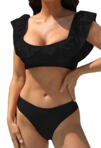 luna wave women's two pieces swimsuit ruffle trim square neck tops bikini buttom set swimwear tankini beach vacation holiday outfit solid black xl