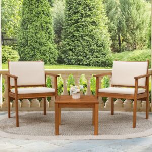 Flamaker Patio Chairs 3 Piece Acacia Wood Patio Furniture with Coffee Table & Cushions Outdoor Conversation Set Balcony Chairs for Porch, Deck, Backyard