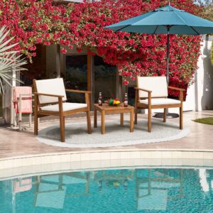 Flamaker Patio Chairs 3 Piece Acacia Wood Patio Furniture with Coffee Table & Cushions Outdoor Conversation Set Balcony Chairs for Porch, Deck, Backyard