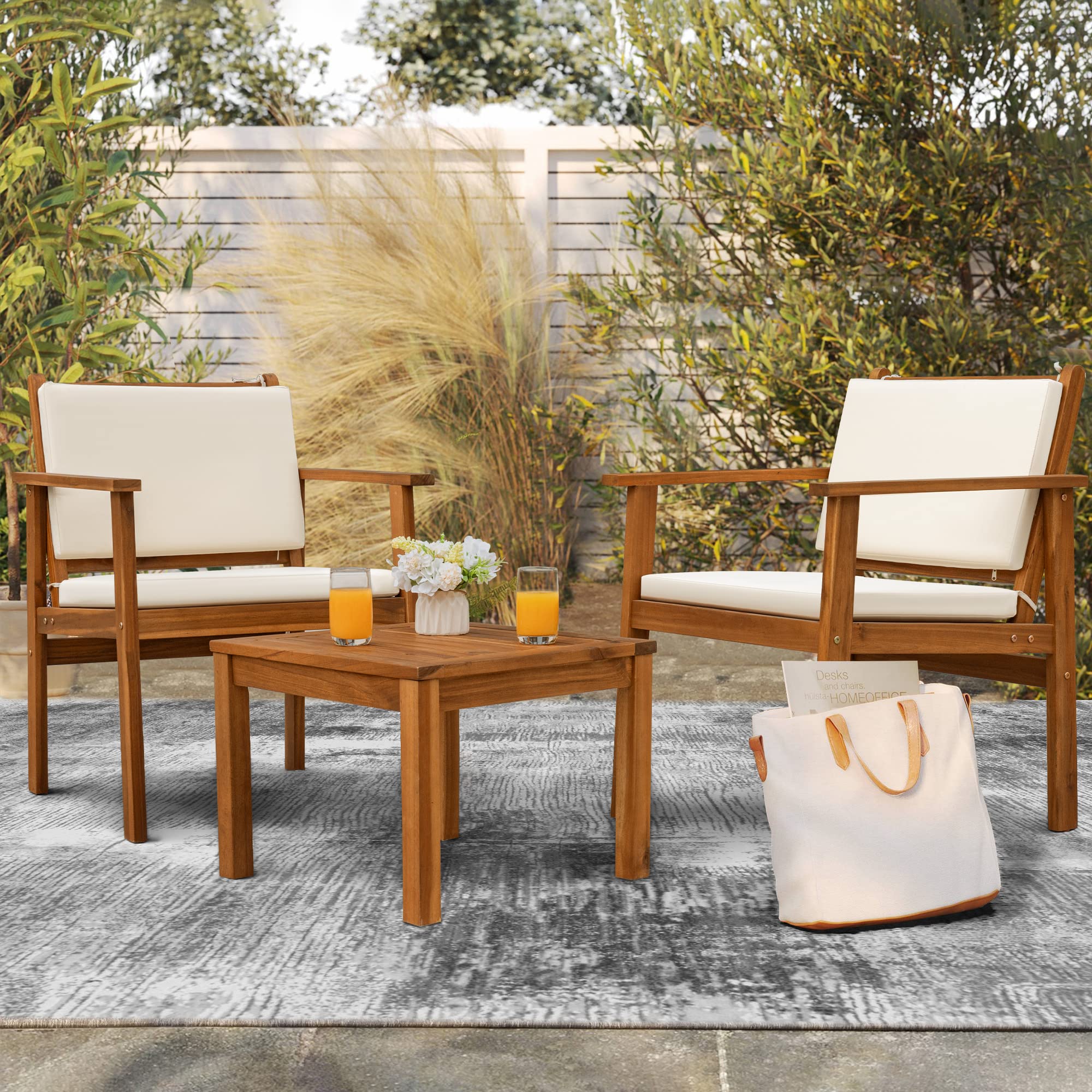 Flamaker Patio Chairs 3 Piece Acacia Wood Patio Furniture with Coffee Table & Cushions Outdoor Conversation Set Balcony Chairs for Porch, Deck, Backyard