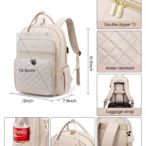 LOVEVOOK Laptop Backpack for Women, 15.6 Inch Computer Backpack for Teacher Nurse with Water Resistant, Lightweight Travel Work Backpack with USB Charging Port, Quilted Commuter Backpack purse, Beige