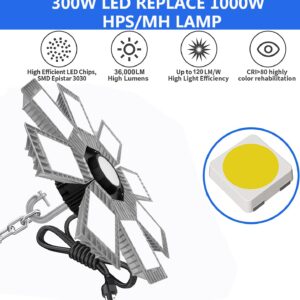 LED High Bay Lights, US Plug Garage light fixtures 300W 36000LM 6500K equivalent to 800W HPS with a free American hook 5 foot power cord for Barn,Workshop,Basement, Garage lighting(Silver, 2Pack)