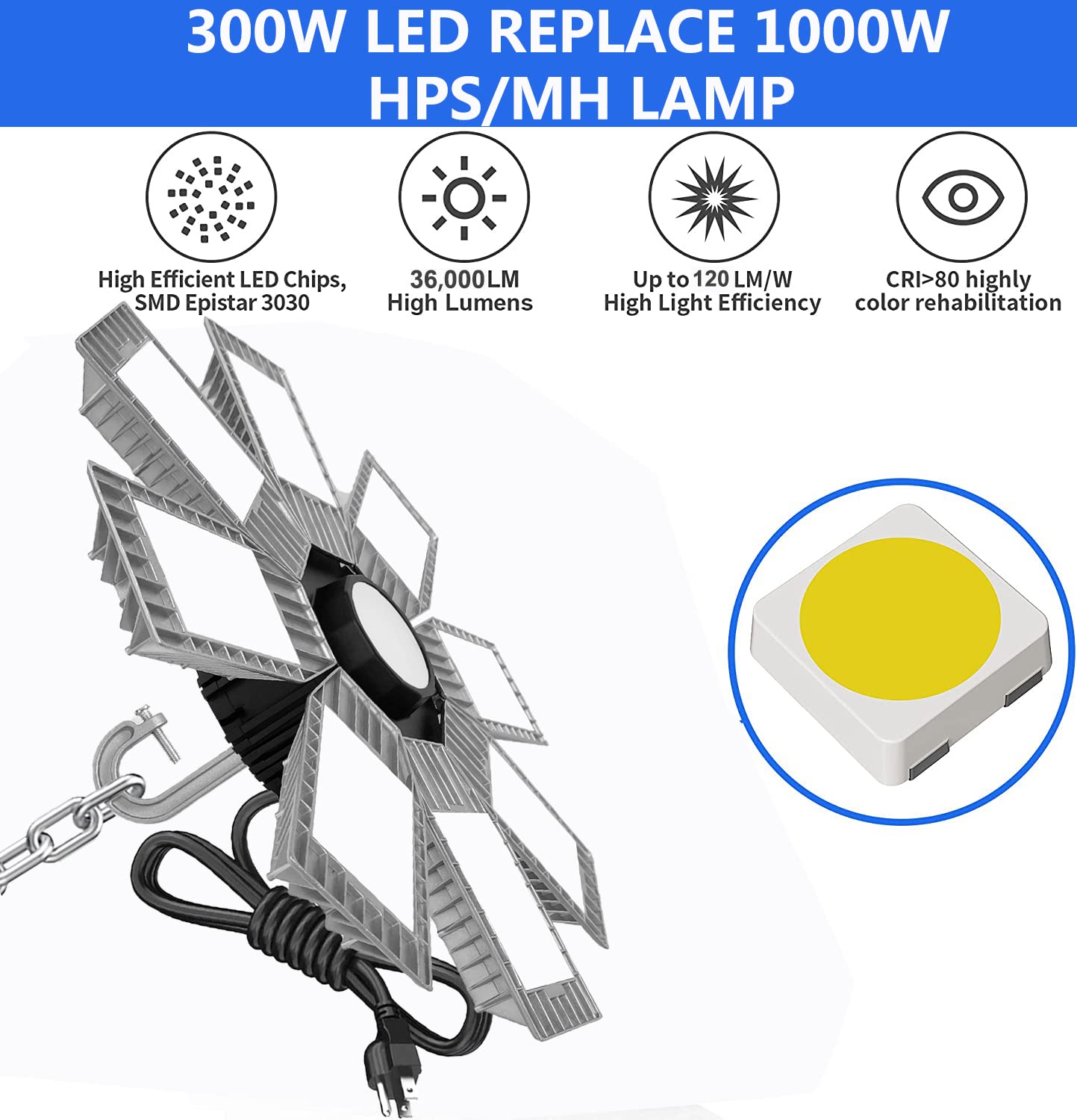 LED High Bay Lights, US Plug Garage light fixtures 300W 36000LM 6500K equivalent to 800W HPS with a free American hook 5 foot power cord for Barn,Workshop,Basement, Garage lighting(Silver, 2Pack)