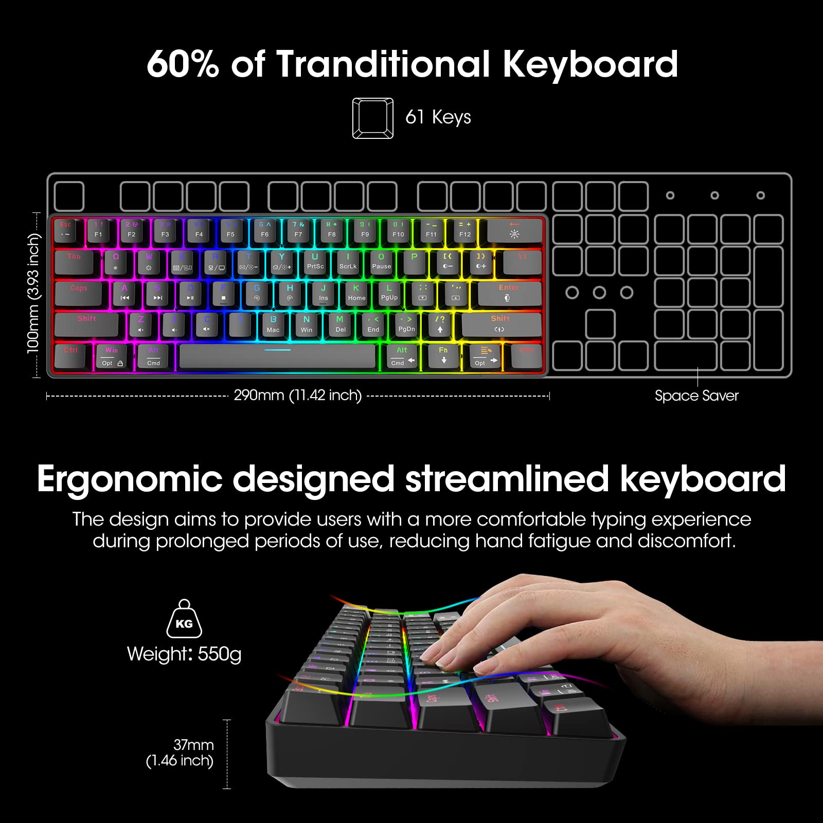 KOORUI Gaming Keyboard 60 percent, Wired Ultra-Compact Mechanical Keyboard 61 Keys,26 RGB Backlit with Blue Switch Mini Keyboards for Windows MacOS Linux-Easy to Carry On Trip