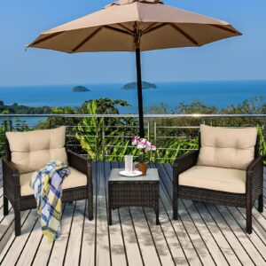 KOTEK 3 Piece Patio Furniture Set, Outdoor Wicker Conversation Bistro Set with 4 Cushions, All Weather PE Rattan Furniture Set for Garden, Backyard, Porch, Poolside (Beige)