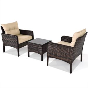 KOTEK 3 Piece Patio Furniture Set, Outdoor Wicker Conversation Bistro Set with 4 Cushions, All Weather PE Rattan Furniture Set for Garden, Backyard, Porch, Poolside (Beige)