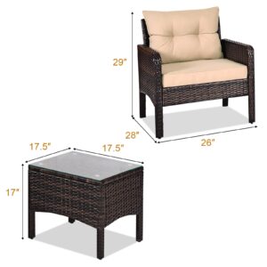 KOTEK 3 Piece Patio Furniture Set, Outdoor Wicker Conversation Bistro Set with 4 Cushions, All Weather PE Rattan Furniture Set for Garden, Backyard, Porch, Poolside (Beige)