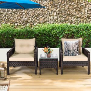 KOTEK 3 Piece Patio Furniture Set, Outdoor Wicker Conversation Bistro Set with 4 Cushions, All Weather PE Rattan Furniture Set for Garden, Backyard, Porch, Poolside (Beige)