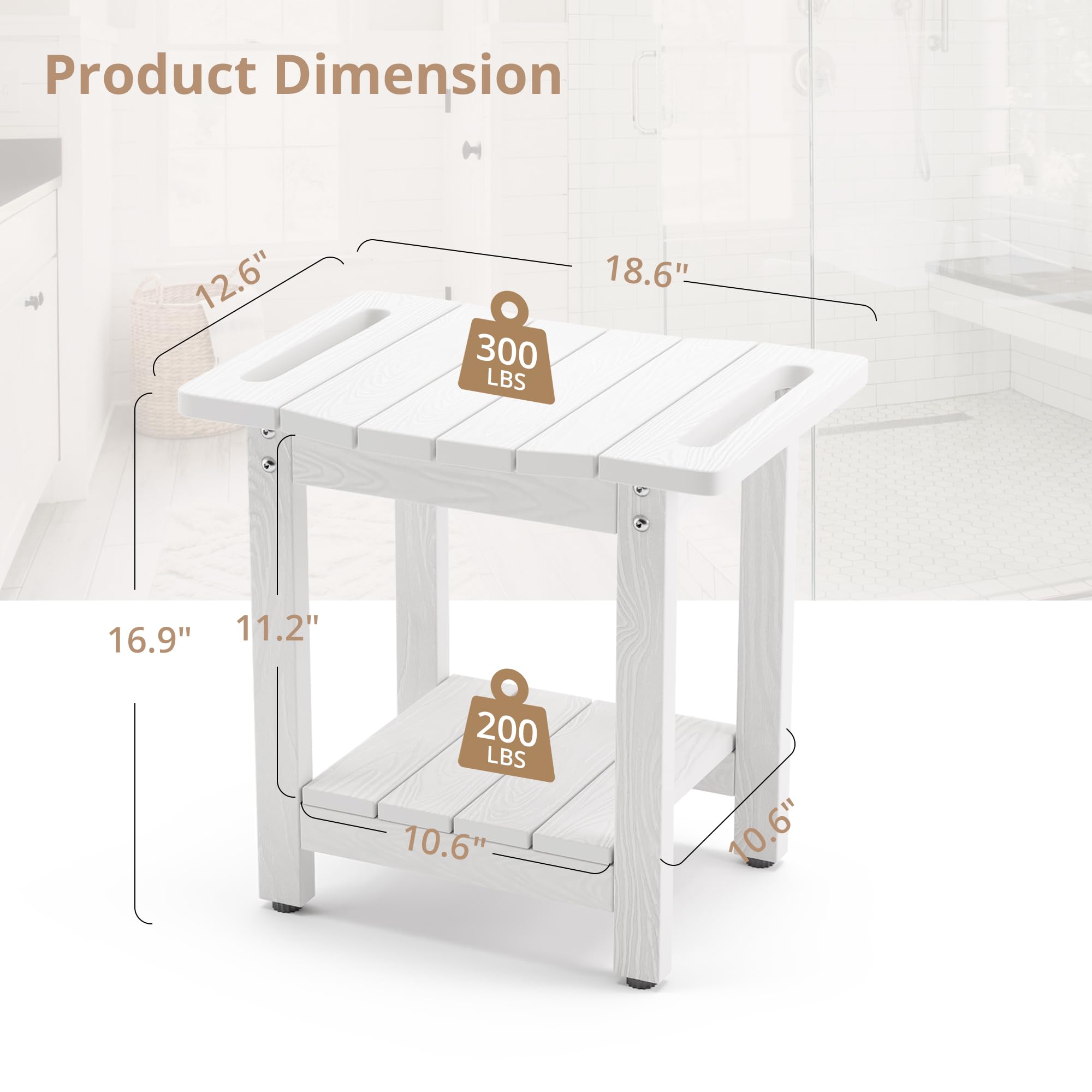 LUE BONA Shower Bench Seat, White HDPS Shower Benches for Inside Shower, Waterproof Shower Stool for Shaving Legs Foot Stool for Spa Bathroom, Weather Resistant/Non-Slip/Handles/Indoor or Outdoor Use