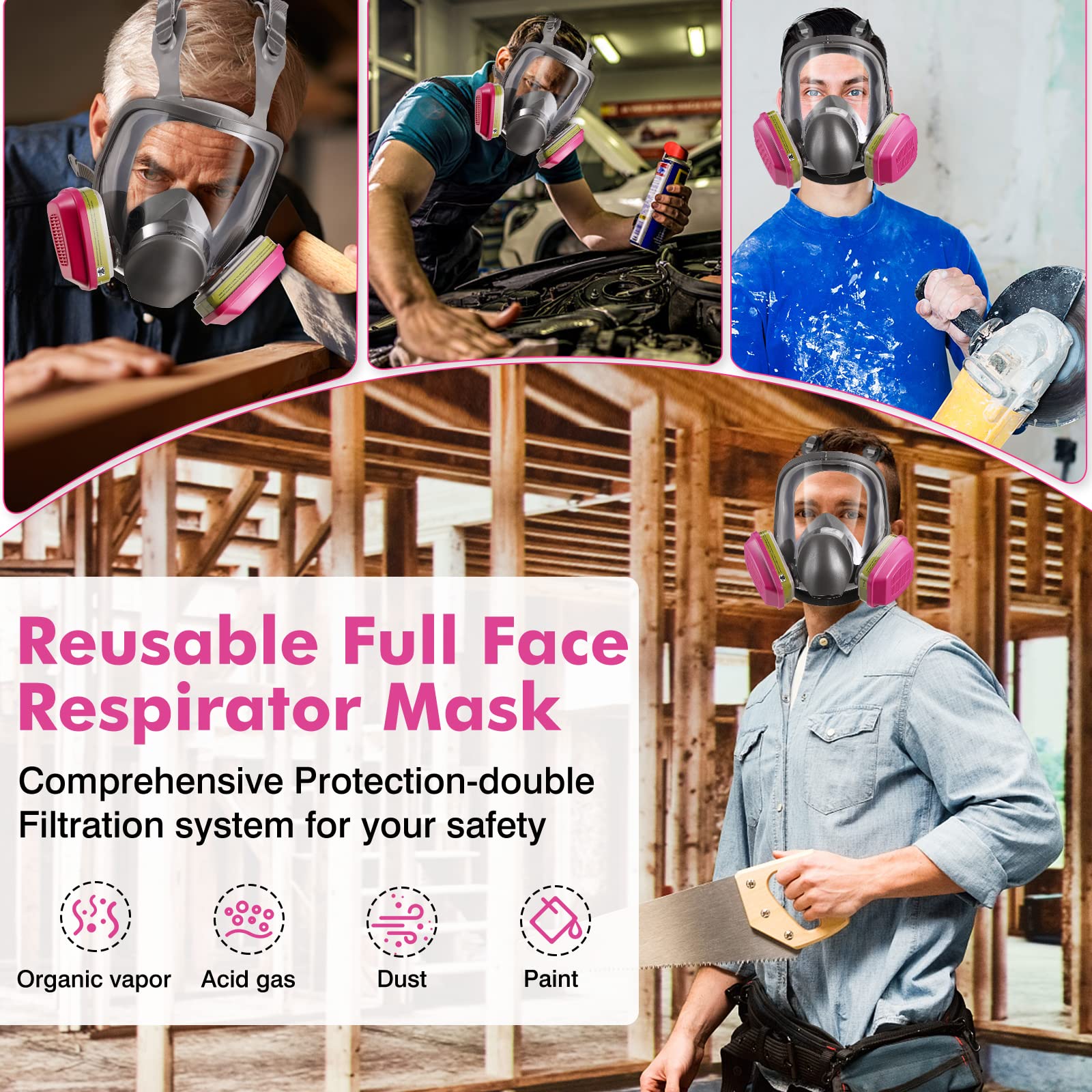 GSHUBB Full-Face Mask Respirator with 60926 Cartridges - Anti-fog,Reusable Gas Cover Organic Vapor Masks Survival Nuclear,Paint Mask for Painting,Dust,Formaldehyde,Epoxy Resin,Sanding,Cutting,welding