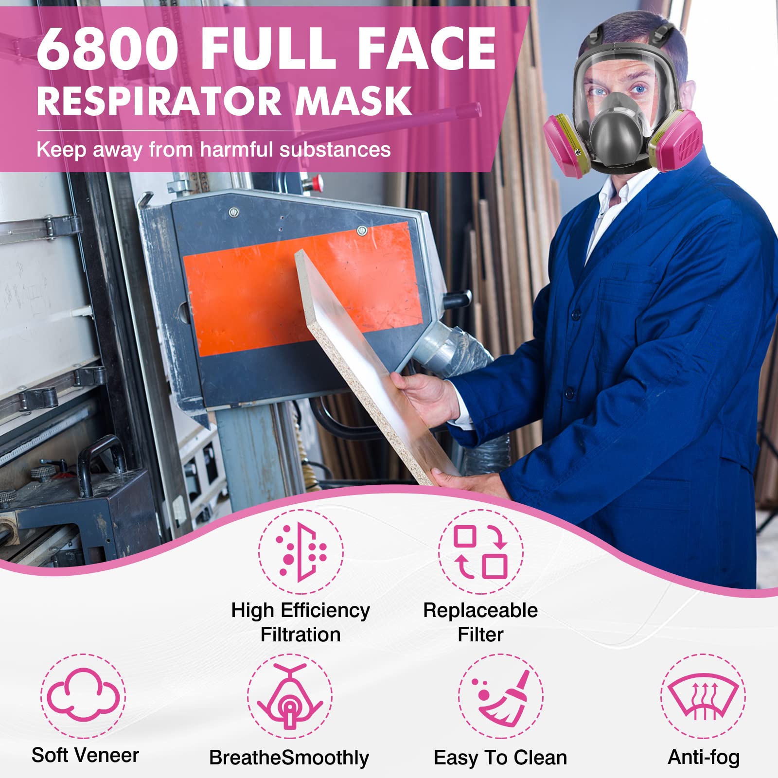 GSHUBB Full-Face Mask Respirator with 60926 Cartridges - Anti-fog,Reusable Gas Cover Organic Vapor Masks Survival Nuclear,Paint Mask for Painting,Dust,Formaldehyde,Epoxy Resin,Sanding,Cutting,welding