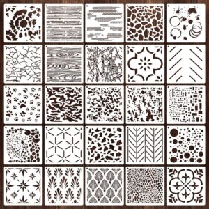 6 inch wall texture stencils for painting, 25 pieces reusable diy modern wall stencil mixed crackle marble background camo spray paint art templates for wood canvas paper floor tile(wall)