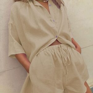 Meenew Women's 2 Piece Outfits Short Sleeve Shirt and Shorts Set Button Down Lounge Set Sweatsuits Pajama Set L Light Khaki