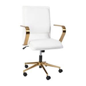 flash furniture james mid-back designer executive office chair - white leathersoft upholstery - brushed gold base and arms - height adjustable 360° swivel seat