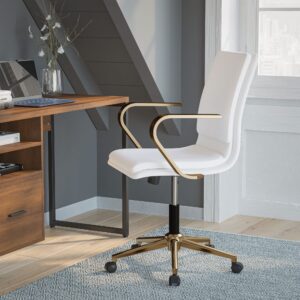 Flash Furniture James Mid-Back Designer Executive Office Chair - White LeatherSoft Upholstery - Brushed Gold Base and Arms - Height Adjustable 360° Swivel Seat