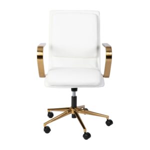 Flash Furniture James Mid-Back Designer Executive Office Chair - White LeatherSoft Upholstery - Brushed Gold Base and Arms - Height Adjustable 360° Swivel Seat