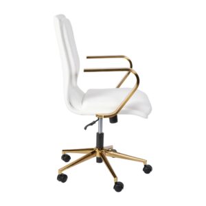 Flash Furniture James Mid-Back Designer Executive Office Chair - White LeatherSoft Upholstery - Brushed Gold Base and Arms - Height Adjustable 360° Swivel Seat