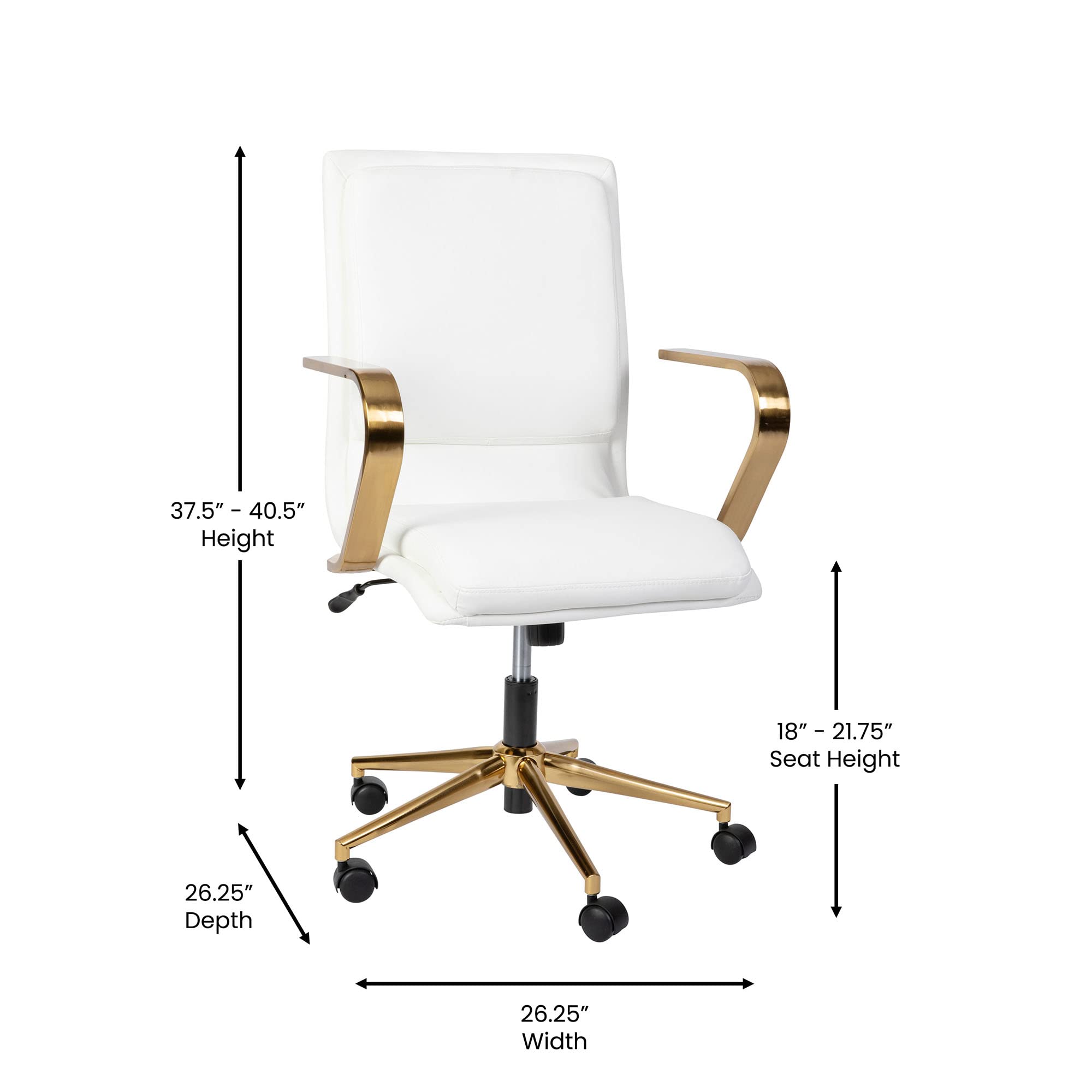 Flash Furniture James Mid-Back Designer Executive Office Chair - White LeatherSoft Upholstery - Brushed Gold Base and Arms - Height Adjustable 360° Swivel Seat