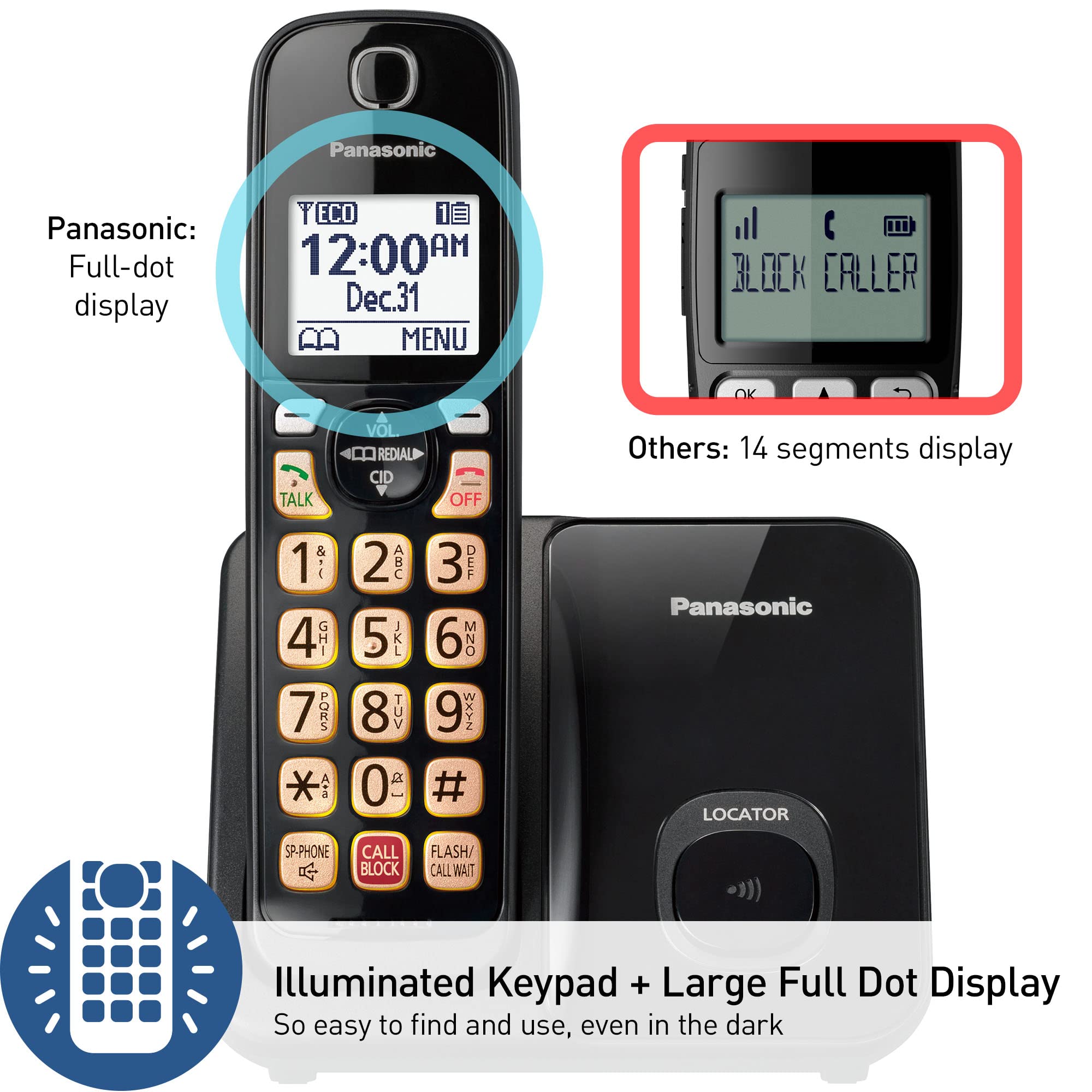 Panasonic Cordless Phone with Advanced Call Block, Bilingual Caller ID and Easy to Read Large High-Contrast Display, Expandable System with 1 Handset - KX-TGD810B (Black)