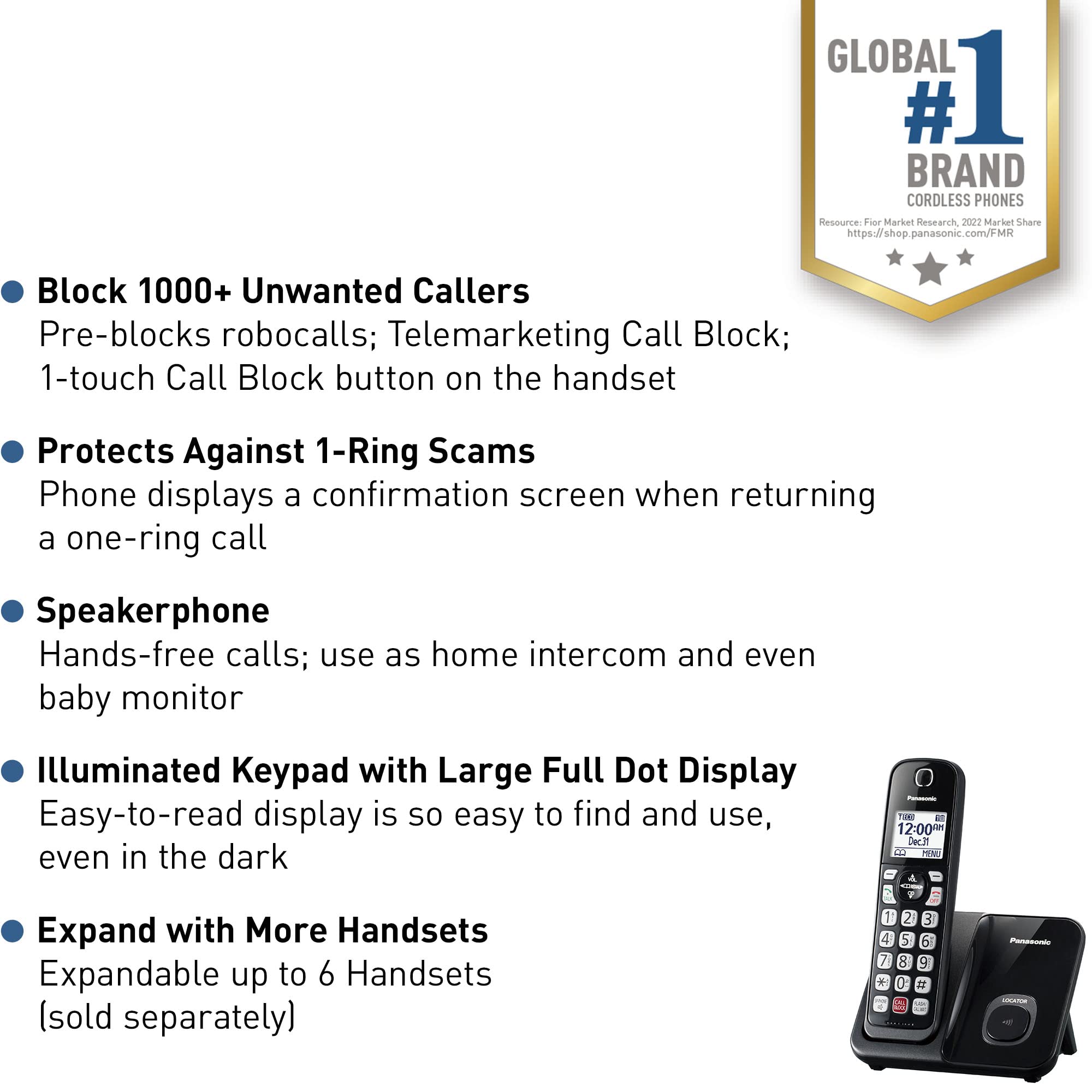 Panasonic Cordless Phone with Advanced Call Block, Bilingual Caller ID and Easy to Read Large High-Contrast Display, Expandable System with 1 Handset - KX-TGD810B (Black)