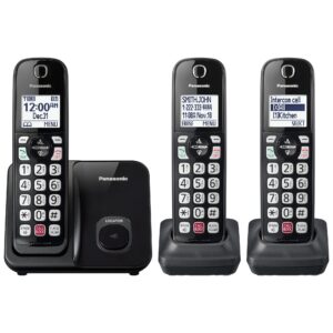 panasonic cordless phone with advanced call block, bilingual caller id and easy to read large high-contrast display, expandable system with 3 handsets - kx-tgd813b (black)