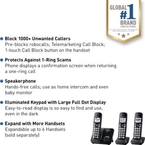 Panasonic Cordless Phone with Advanced Call Block, Bilingual Caller ID and Easy to Read Large High-Contrast Display, Expandable System with 3 Handsets - KX-TGD813B (Black)