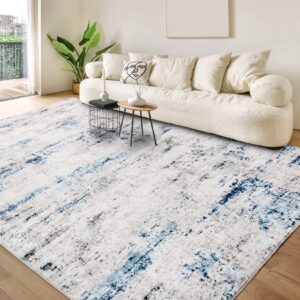 Area Rug Living Room Rugs: 8x10 Large Soft Indoor Carpet Modern Abstract Rug with Non Slip Rubber Backing for Under Dining Table Nursery Home Office Bedroom White Gray Blue