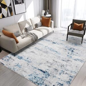 Area Rug Living Room Rugs: 8x10 Large Soft Indoor Carpet Modern Abstract Rug with Non Slip Rubber Backing for Under Dining Table Nursery Home Office Bedroom White Gray Blue