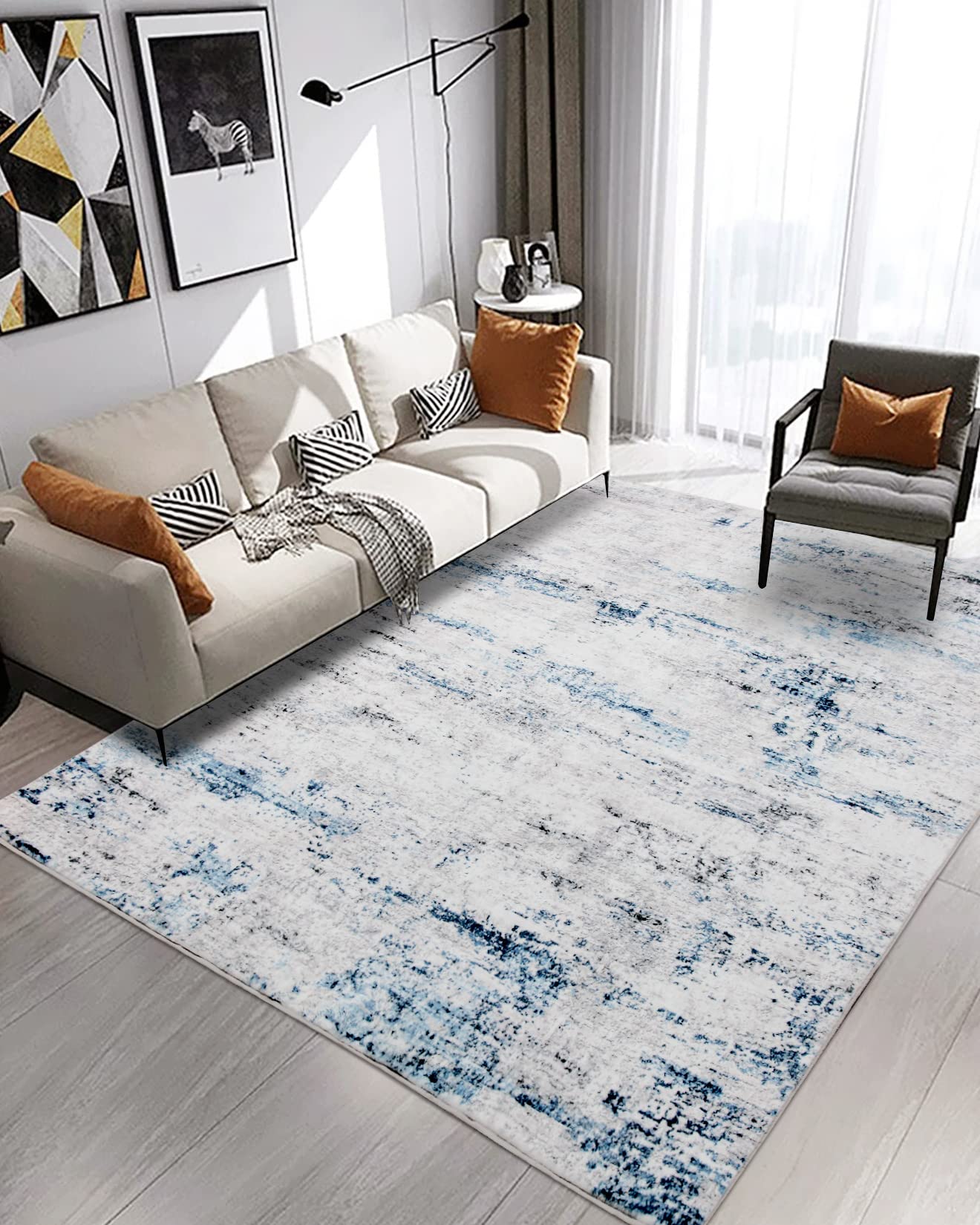 Area Rug Living Room Rugs: 8x10 Large Soft Indoor Carpet Modern Abstract Rug with Non Slip Rubber Backing for Under Dining Table Nursery Home Office Bedroom White Gray Blue