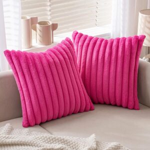 miulee hot pink throw pillow covers 18x18 inch set of 2 fuzzy striped soft pillowcase with velvet back faux rabbit fur cushion covers decorative home decor for couch sofa bedroom livingroom