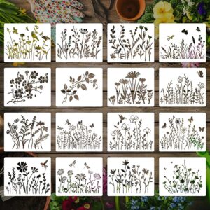 16 pieces wildflower stencils for painting, reusable small spring wild flower stencils wall stencils, diy small drawing template stencil for painting on wood wall canvas home decor(5x6inch)